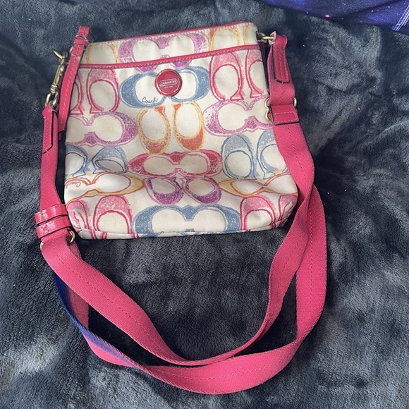 Coach | Bags | Coach Multi Colored Signature Crossbody Bag Pink Canvas ...